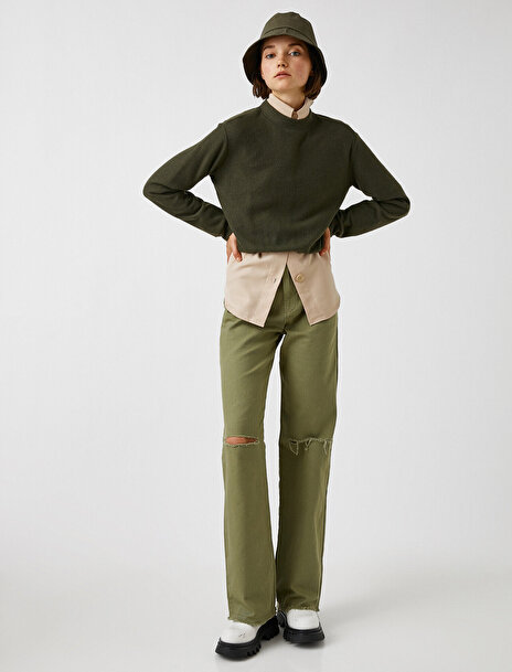 Koton Ole Genç Kız Bol Paçalı Yüksek Bel Yırtık Kot Pantolon