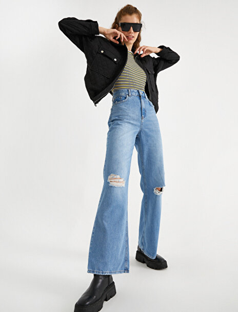 Koton Ole Genç Kız Bol Paça Yüksek Bel Dizi Yırtık Kot Pantolon - Bianca Jean