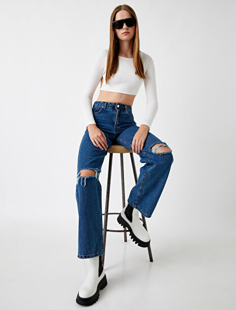 Koton Ole Genç Kız Bol Paça Yüksek Bel Dizi Yırtık Kot Pantolon - Bianca Jean