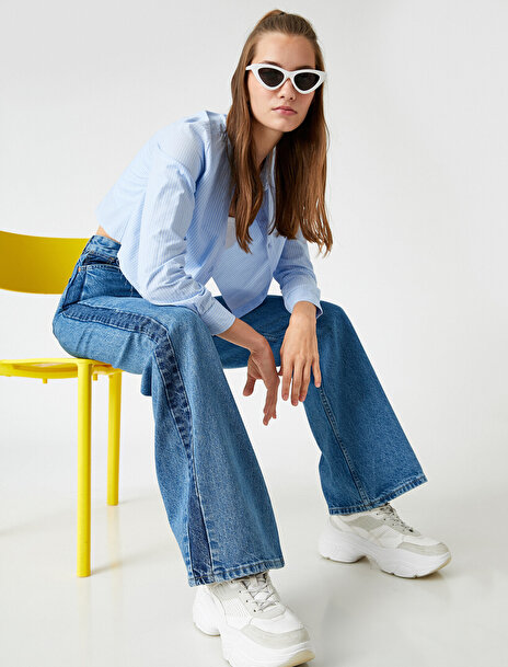 Koton Ole Genç Kız Bol Paçalı Yüksek Bel İki Renk Bloklu Kot Pantolon