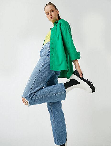 Koton Ole Genç Kız Yüksek Bel Kesik Paça Dizi Yırtık Kot Pantolon - Eve Jean