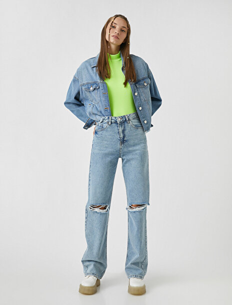 Koton Ole Genç Kız Bol Paçalı Yüksek Bel Yırtık Kot Pantolon