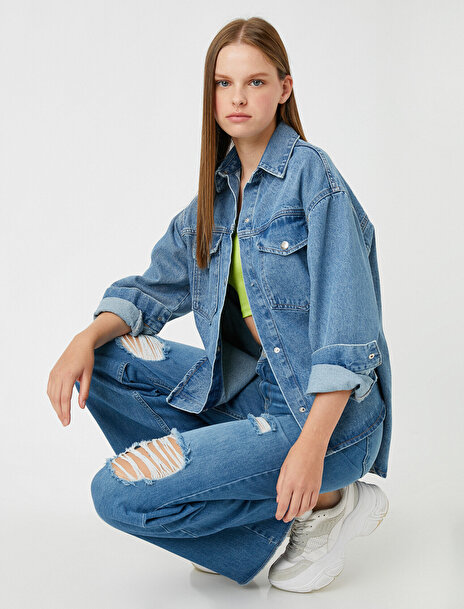 Koton Ole Genç Kız Bol Paça Yüksek Bel Dizi Yırtık Kot Pantolon - Bianca Jean