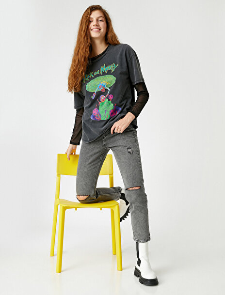 Koton Ole Genç Kız Yüksek Bel Dizi Yırtık Kot Pantolon - Mom Jean