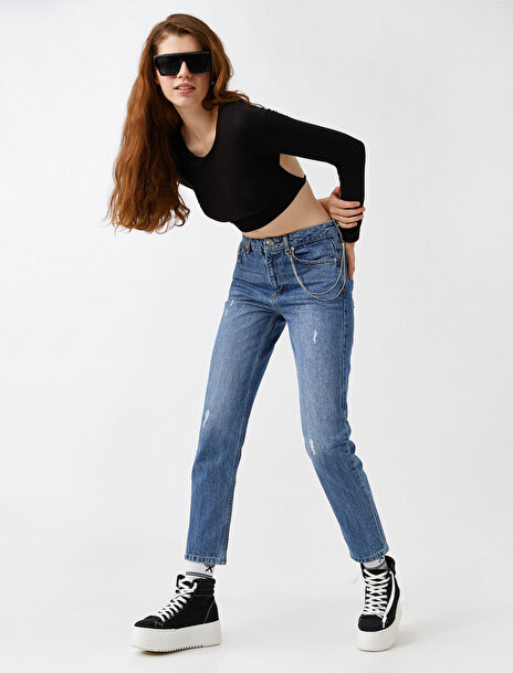 Koton Ole Genç Kız Yüksek Bel Normal Kesim Düz Paça Kot Pantolon - Mom Jean