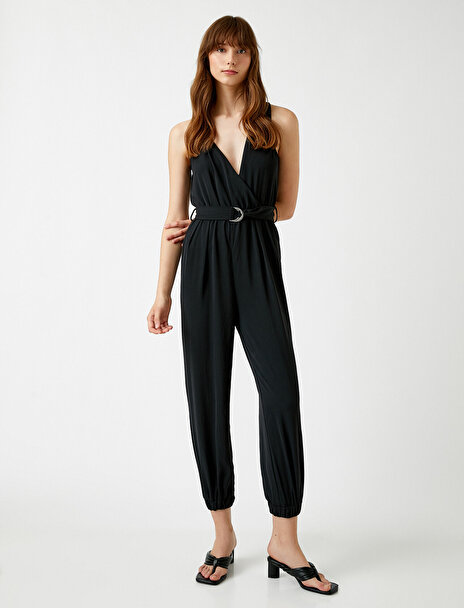 Koton Kadın Kemerli Tulum V Yaka Paçası Lastikli Koton Kadın Kemerli Tulum V Yaka Paçası Lastikli