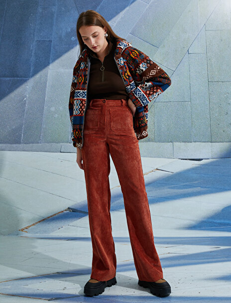 Koton Kadın Beli Lastikli Yüksek Bel Kadife Pantolon