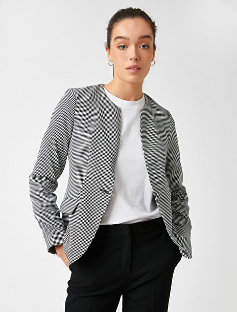 Koton Kadın Kareli Yakasız Blazer Ceket Koton Kadın Kareli Yakasız Blazer Ceket
