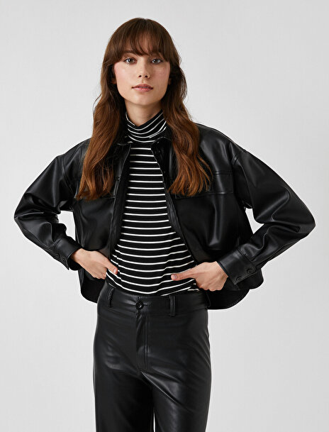 Koton Kadın Deri Görünümlü Gömlek Yaka Ceket