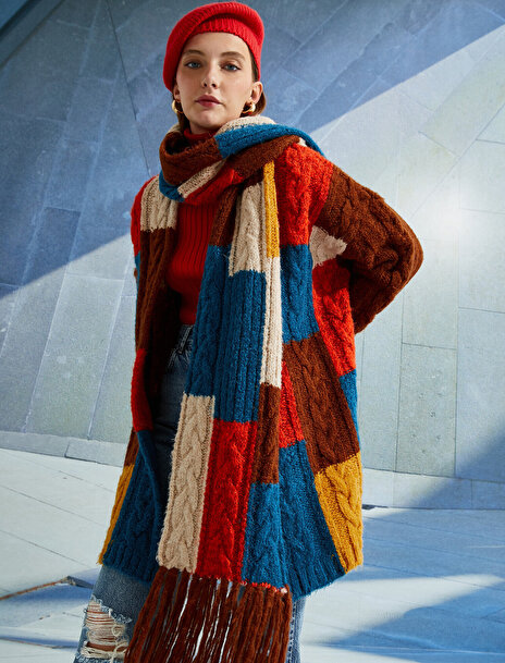 Koton Kadın Renk Bloklu Püsküllü Örme Atkı