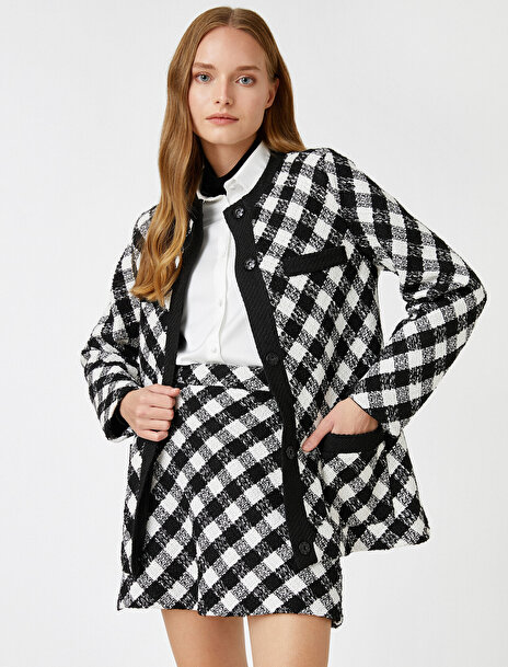 Koton Kadın Düğmeli Cepli Ekose Ceket