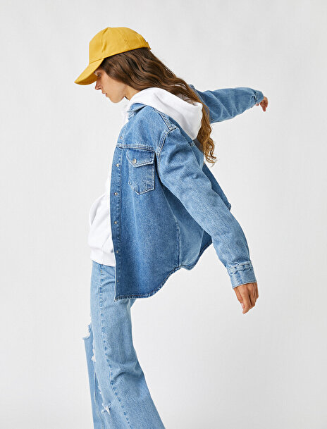 Koton Ole Genç Kız Katlı Yaka Cepli Uzun Kollu Kot Ceket