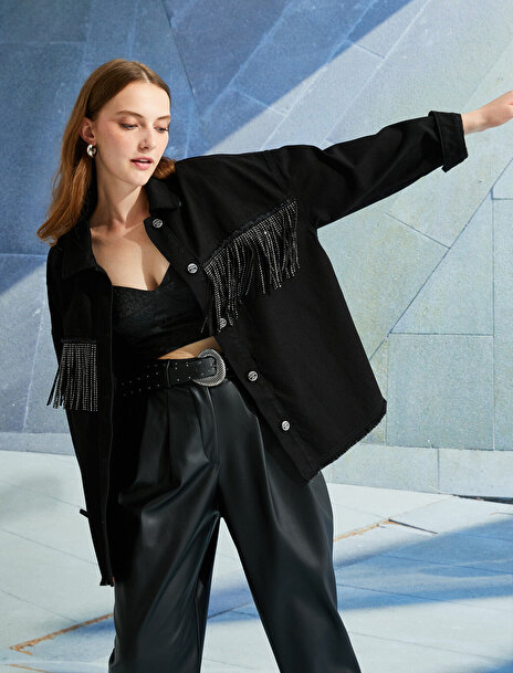 Koton Ole Genç Kız Parlak Taşlı Püsküllü Jean Ceket