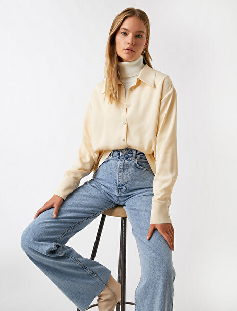 Koton Kadın Klasik Yaka Uzun Kollu Düğmeli Oversize Gömlek