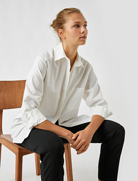 Koton Kadın Pamuklu Uzun Kollu Cepli Gömlek