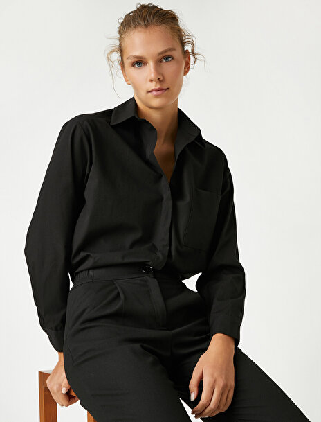 Koton Kadın Pamuklu Uzun Kollu Cepli Gömlek