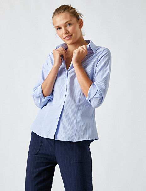 Koton Kadın Çizgili Basic Uzun Kollu Gömlek