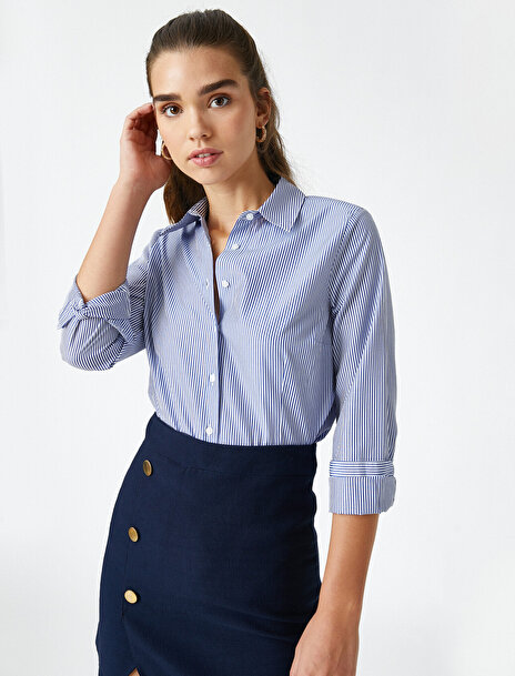 Koton Kadın Çizgili Basic Uzun Kollu Gömlek