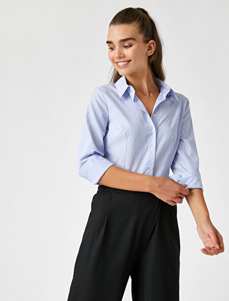 Koton Kadın Çizgili Uzun Kollu Klasik Yaka Basic Gömlek
