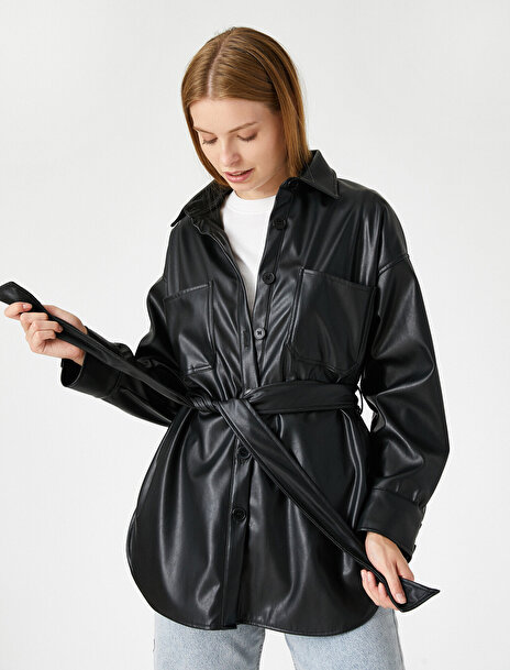 Koton Kadın Deri Görünümlü Kemerli Ceket