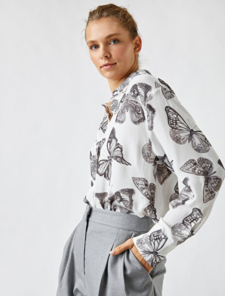 Koton Kadın Desenli Klasik Yaka Uzun Kollu Gömlek