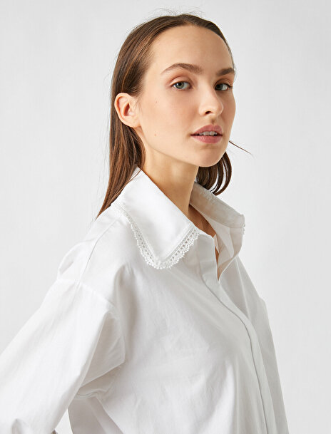 Koton Kadın Yakası Dantelli Pamuklu Oversize Gömlek