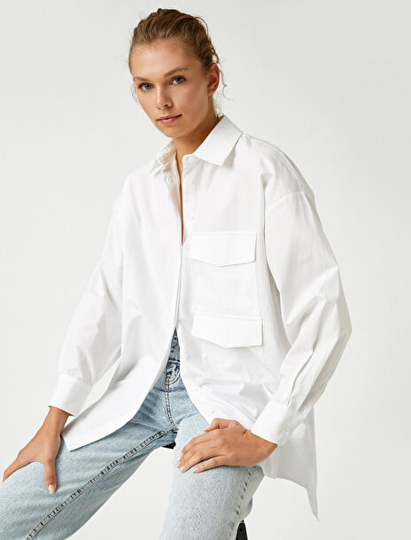 Koton Kadın Pamuklu Kapaklı Cepli Uzun Kollu Oversize Gömlek