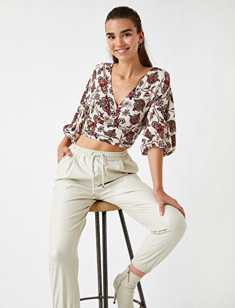 Koton Kadın Balon Kollu Bluz V yaka Belden Oturmalı Desenli