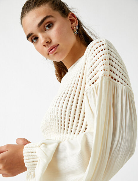 Koton Kadın Örme Detaylı Bluz Pileli Uzun Kollu