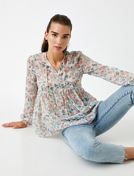 Koton Kadın Desenli Viskon Bluz Uzun Kollu Bağlamalı Yaka