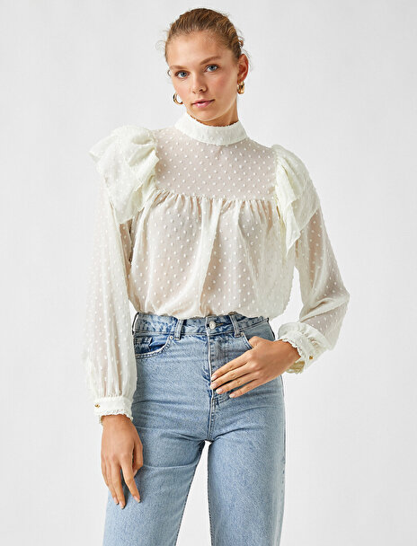 Koton Kadın Fırfırlı Dik Yaka Puantiyeli Bluz