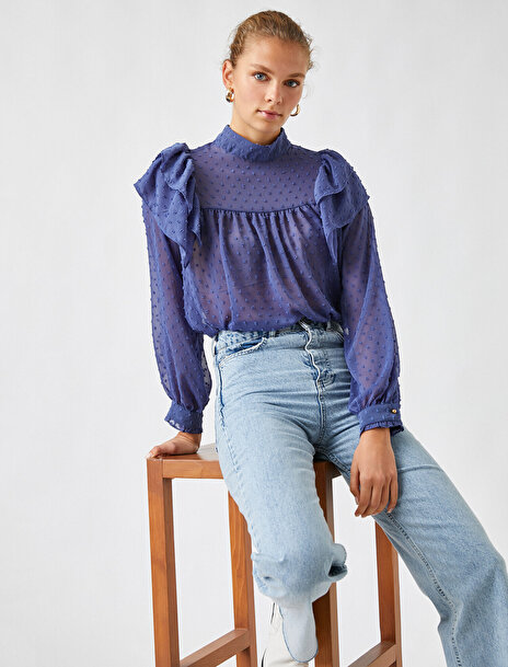 Koton Kadın Fırfırlı Dik Yaka Puantiyeli Bluz