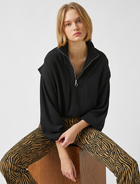 Koton Kadın Yakası Fermuarlı Uzun Kollu Bluz