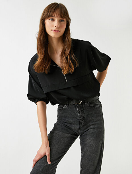 Koton Kadın Gömlek Yaka Kısa Kollu Fermuarlı Bluz