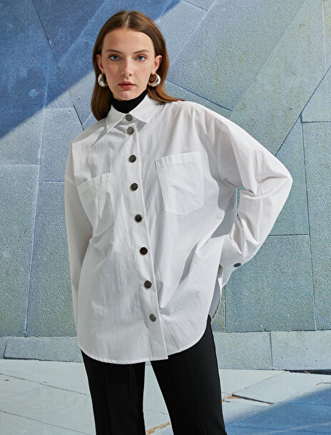 Koton Kadın Metal Düğmeli Cepli Pamuklu Oversize Gömlek
