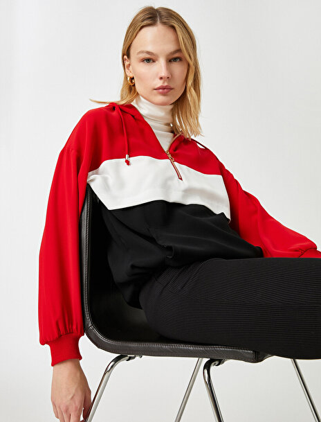 Koton Kadın Fermuarlı Yaka Kapüşonlu Çizgili Bluz