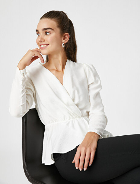 Koton Kadın Uzun Kollu V Yaka Beli Lastikli Şık Bluz Koton Kadın Uzun Kollu V Yaka Beli Lastikli Şık Bluz
