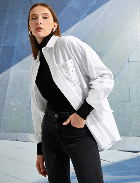 Koton Kadın Taş İşlemeli Cepli Uzun Kollu Oversize Gömlek