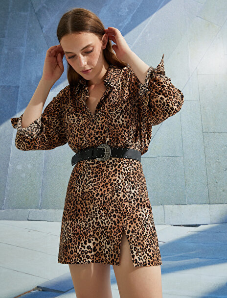 Koton Kadın Leoparlı Cepli Katlı Yaka Gömlek