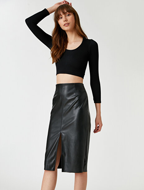 Koton Kadın Yırtmaç Detaylı Deri Etek Midi Koton Kadın Yırtmaç Detaylı Deri Etek Midi