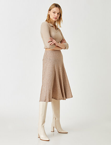 Koton Kadın Çizgili Yüksek Bel Volanlı Midi Etek