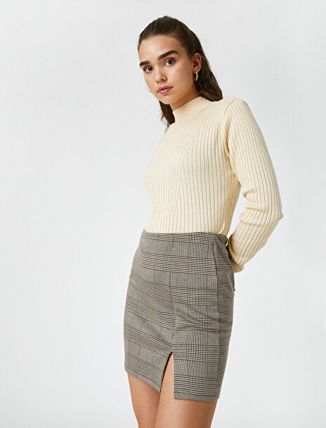 Koton Kadın  Yırtmaçlı Kareli Mini Etek