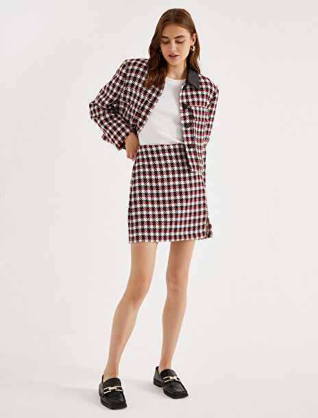 Koton Kadın Kareli Etek Önden Yırtmaçlı Mini