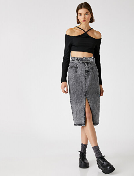 Koton Ole Genç Kız Yırtmaçlı Midi Kot Etek