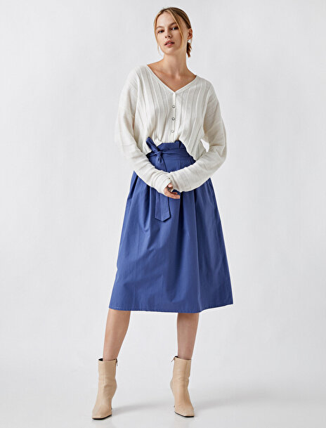 Koton Kadın Yüksek Bel Kuşaklı Pileli Midi Etek