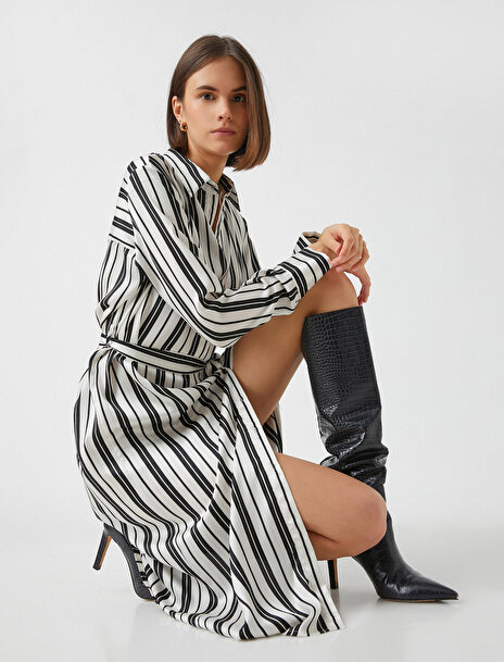 Koton Kadın Kemer Detaylı Çizgili Elbise