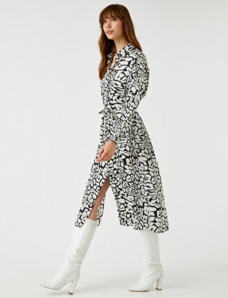 Koton Kadın Beli Kuşaklı Gömlek Elbise Desenli Midi