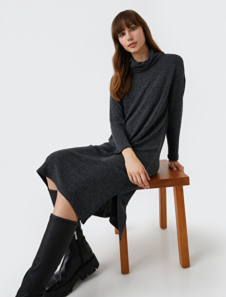 Koton Kadın Degaje Yaka Elbise Uzun Kollu Midi