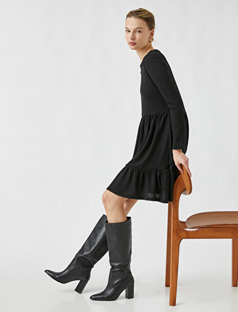 Koton Kadın Bisiklet Yaka Volanlı Uzun Kollu Mini Elbise