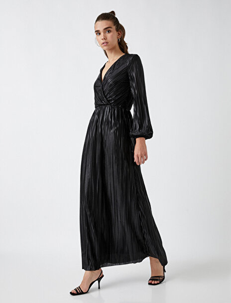 Koton Kadın Uzun Kollu Abiye Elbise V Yaka Kolları Lastikli